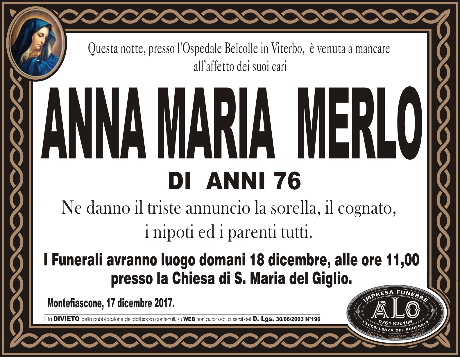 Necrologio ANNA MARIA MERLO | MemoriesBooks.it